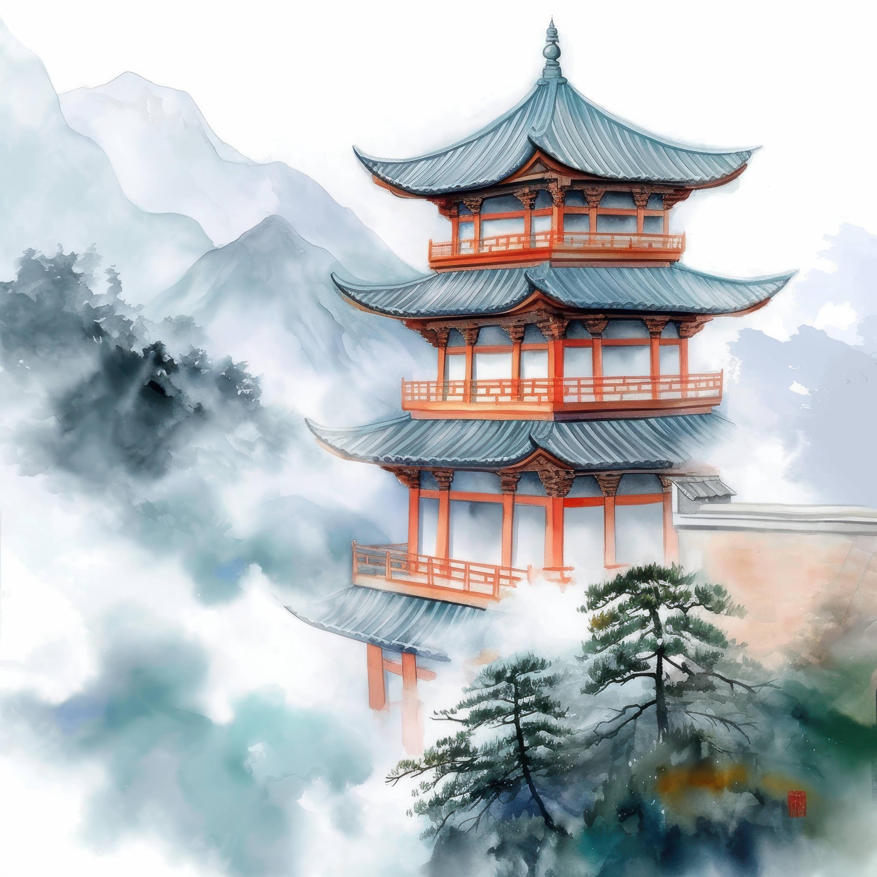 17 Mountain Pagoda Clipart Bundle, Chinese Landscape Graphics ...