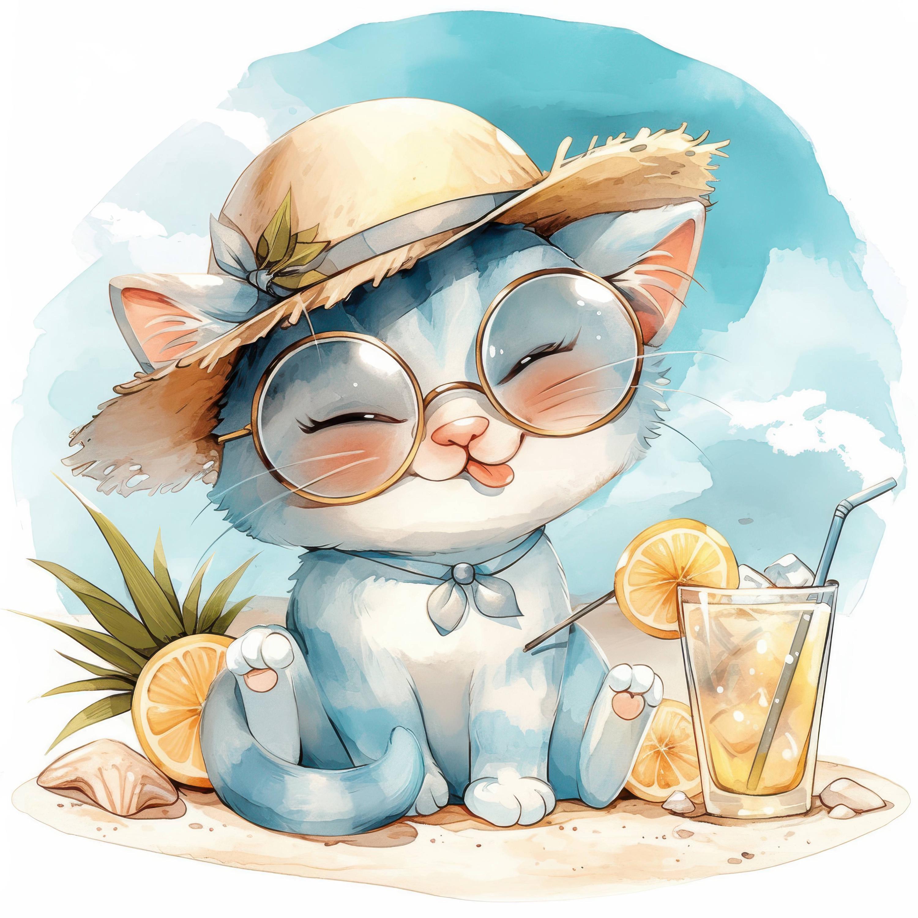 10 Kitten on Summer Vacation Clipart Bundle, Printable Watercolor ...