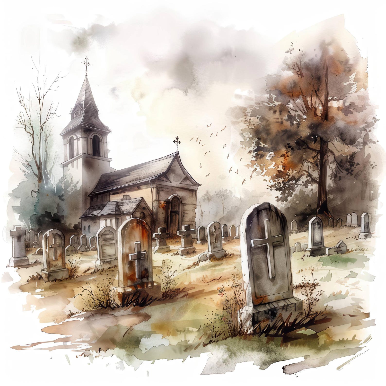12 Abandoned Cemetery Clipart Bundle, Watercolor Cemetery Images, High ...