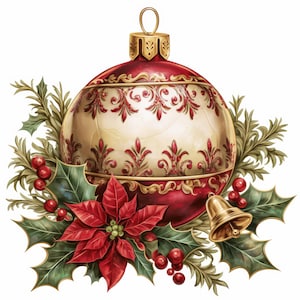 12 Red Gold Christmas Bauble Clipart Bundle, Printable Watercolor ...