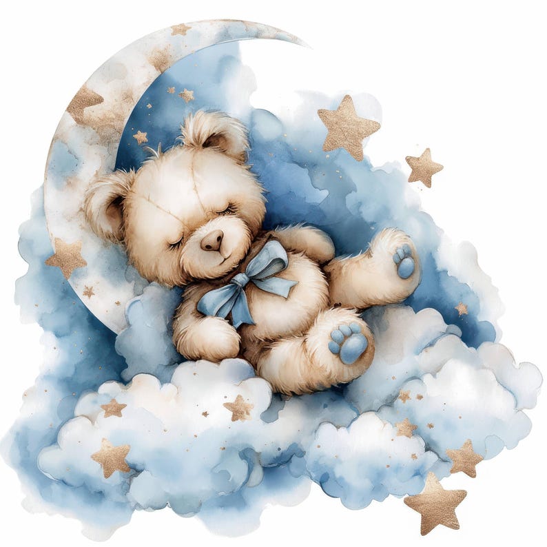 10 Sleepy Teddy Bear Clipart Bundle , Printable Watercolor Teddy Bear ...