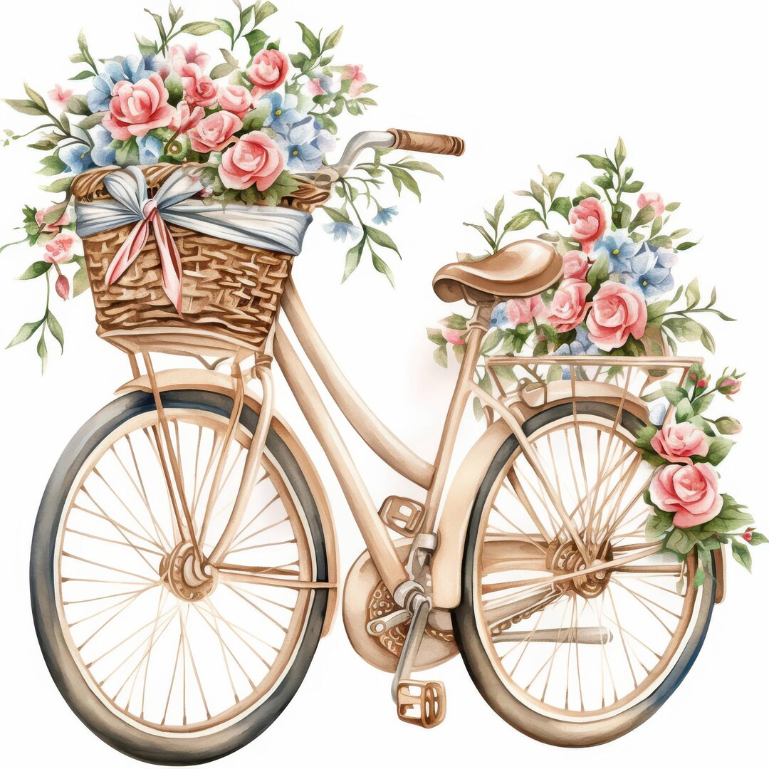 17 Floral Bicycle Clipart Bundle, Bike in Flowers Illustrations ...