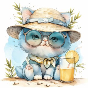 10 Summer Cats Clipart Bundle, Printable Watercolor Summer Kitten ...