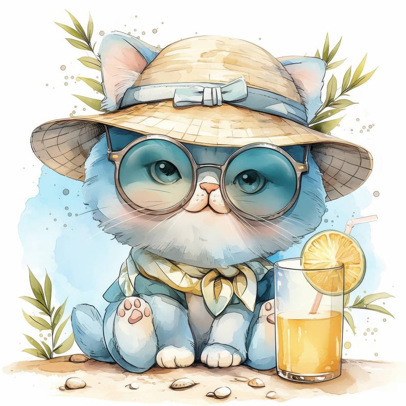 10 Summer Cats Clipart Bundle, Printable Watercolor Summer Kitten ...