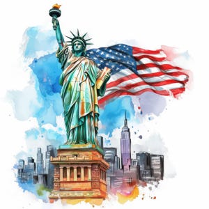 12 Statue of Liberty and USA Flag Clipart Illustration Bundle ...