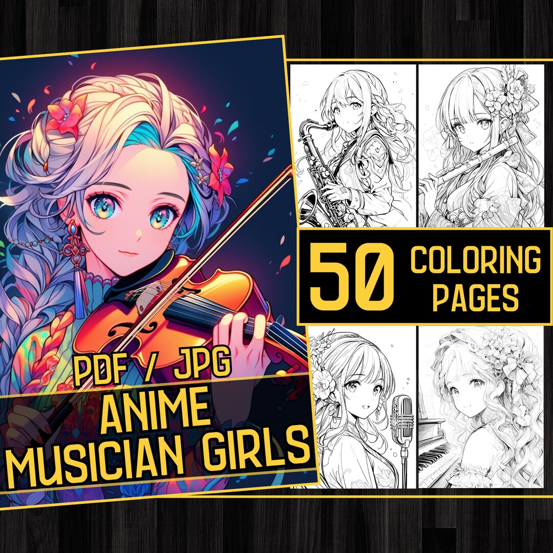 Anime Musician Girls Adult Coloring Book 50 Coloring Pages,grayscale ...