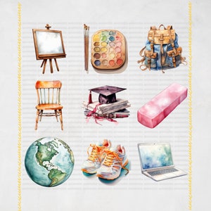 Watercolor School Clipart Bundle, Painted Back to School Clipart PNG ...