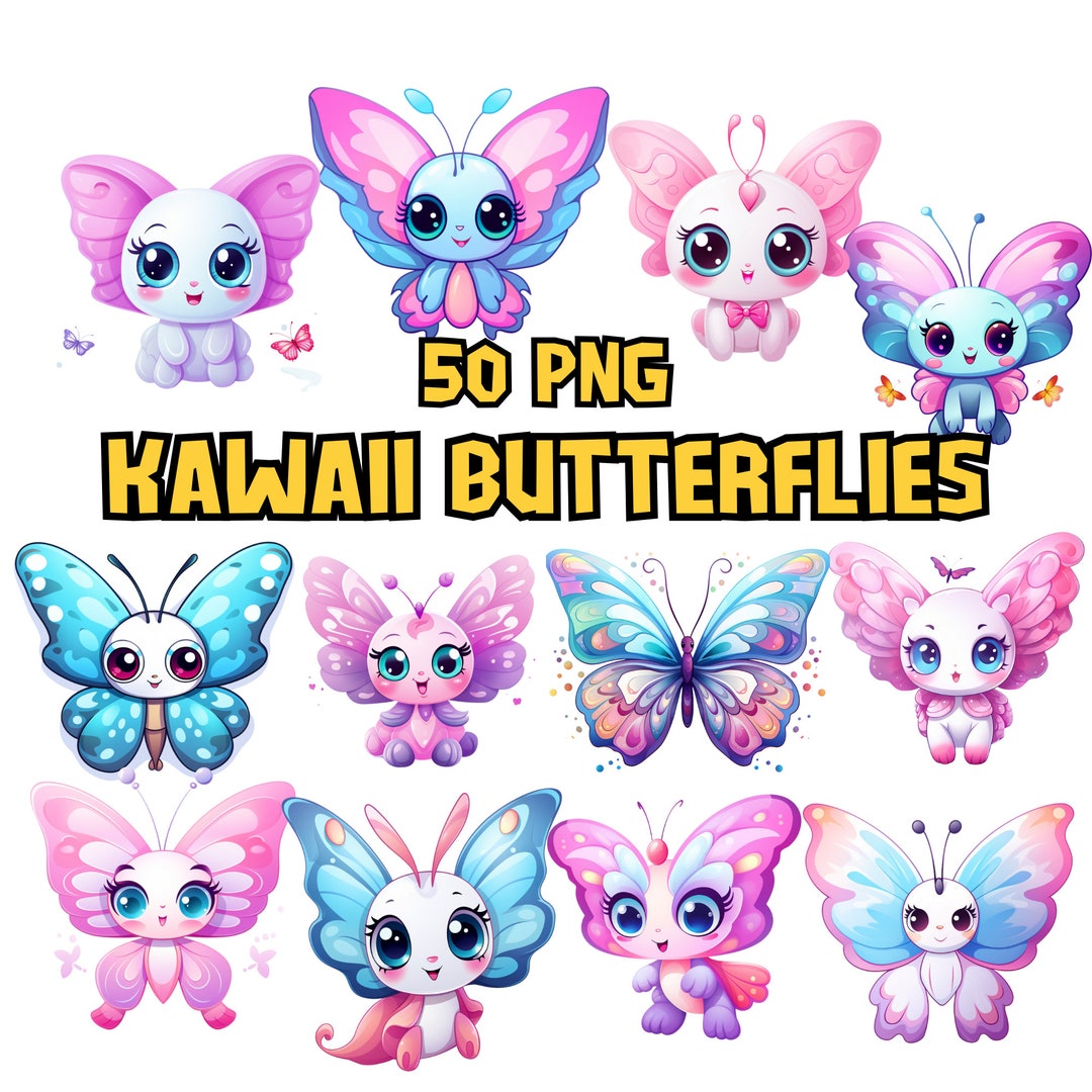 Watercolor Kawaii Butterflies Clipart Bundle, Cute Adorable Butterfly ...
