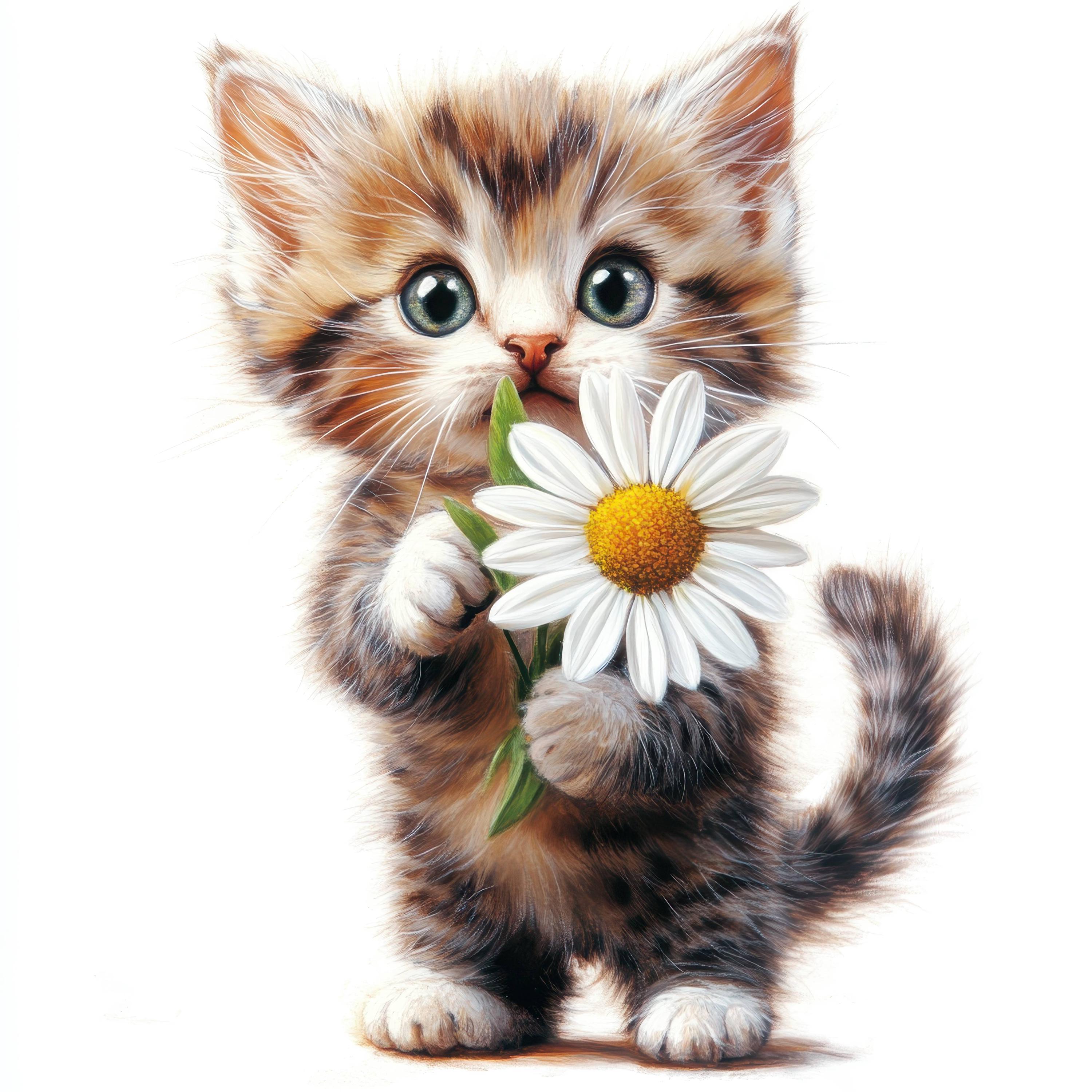 26 Kitten With Daisies Clipart Bundle, Printable Watercolor Floral Cat ...