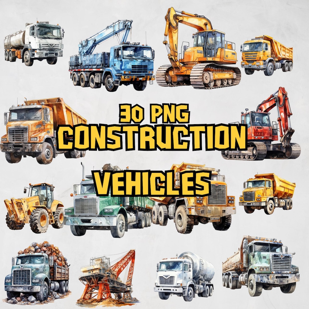 Watercolor Construction Vehicles Clipart Bundle, Excavator Images ...