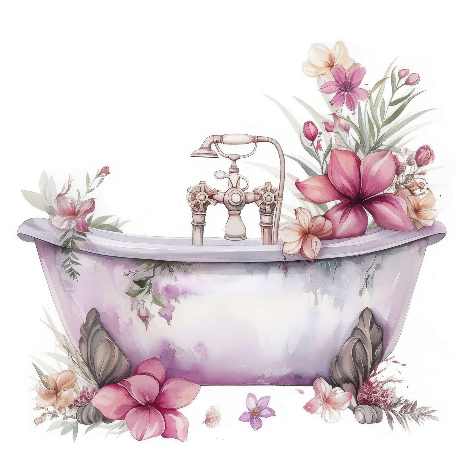22 Floral Bathtub Clipart Set, Printable Watercolor Spring Bathtub ...
