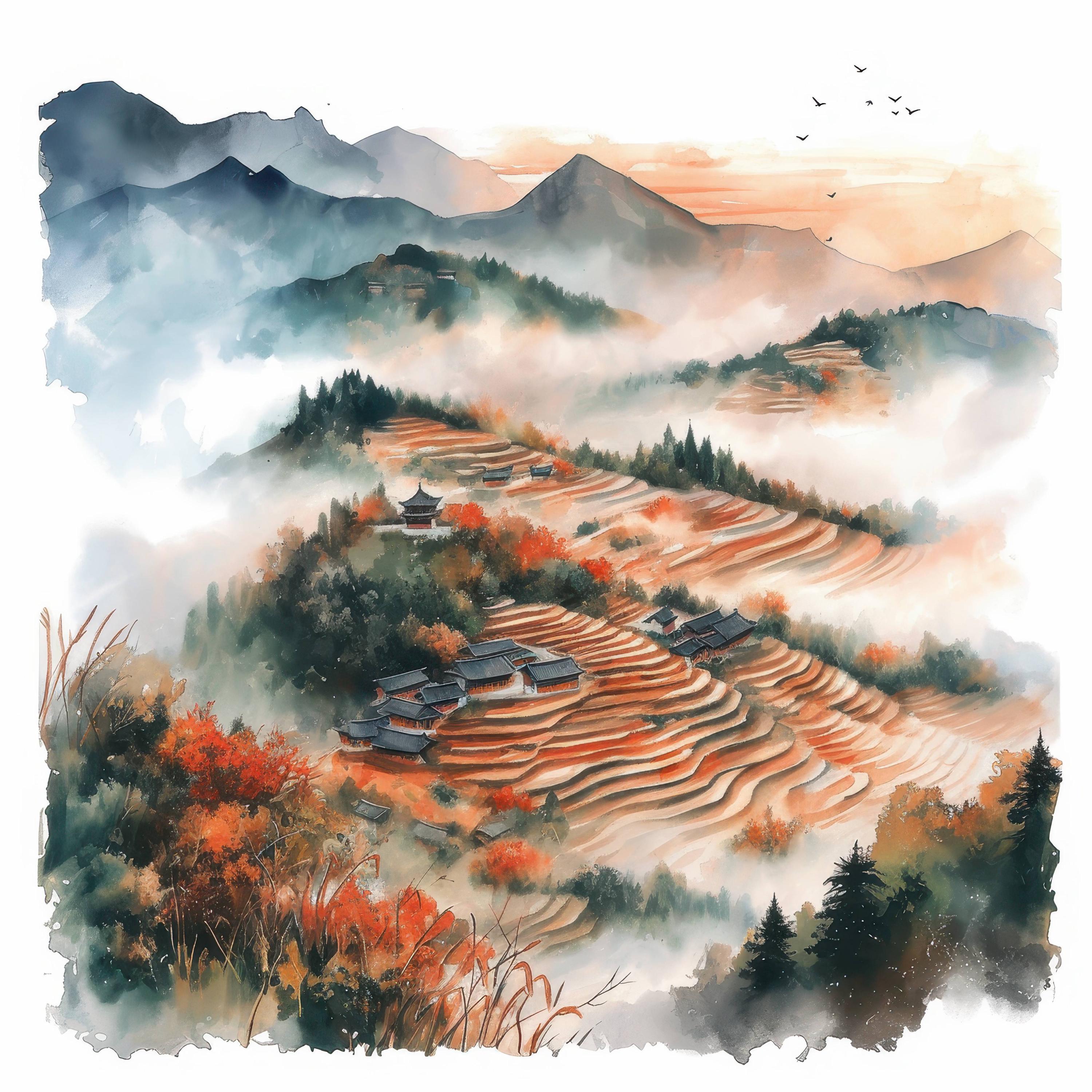 10 Rice Terrace Sunrise Clipart Bundle, Serene Illustrations, Printable ...