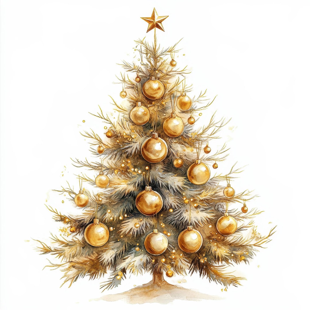 12 Golden Christmas Tree Clipart, Printable Watercolor Clipart ...