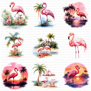 Watercolor Flamingos Clipart Bundle, Tropical Bird Clipart Set, Pink ...