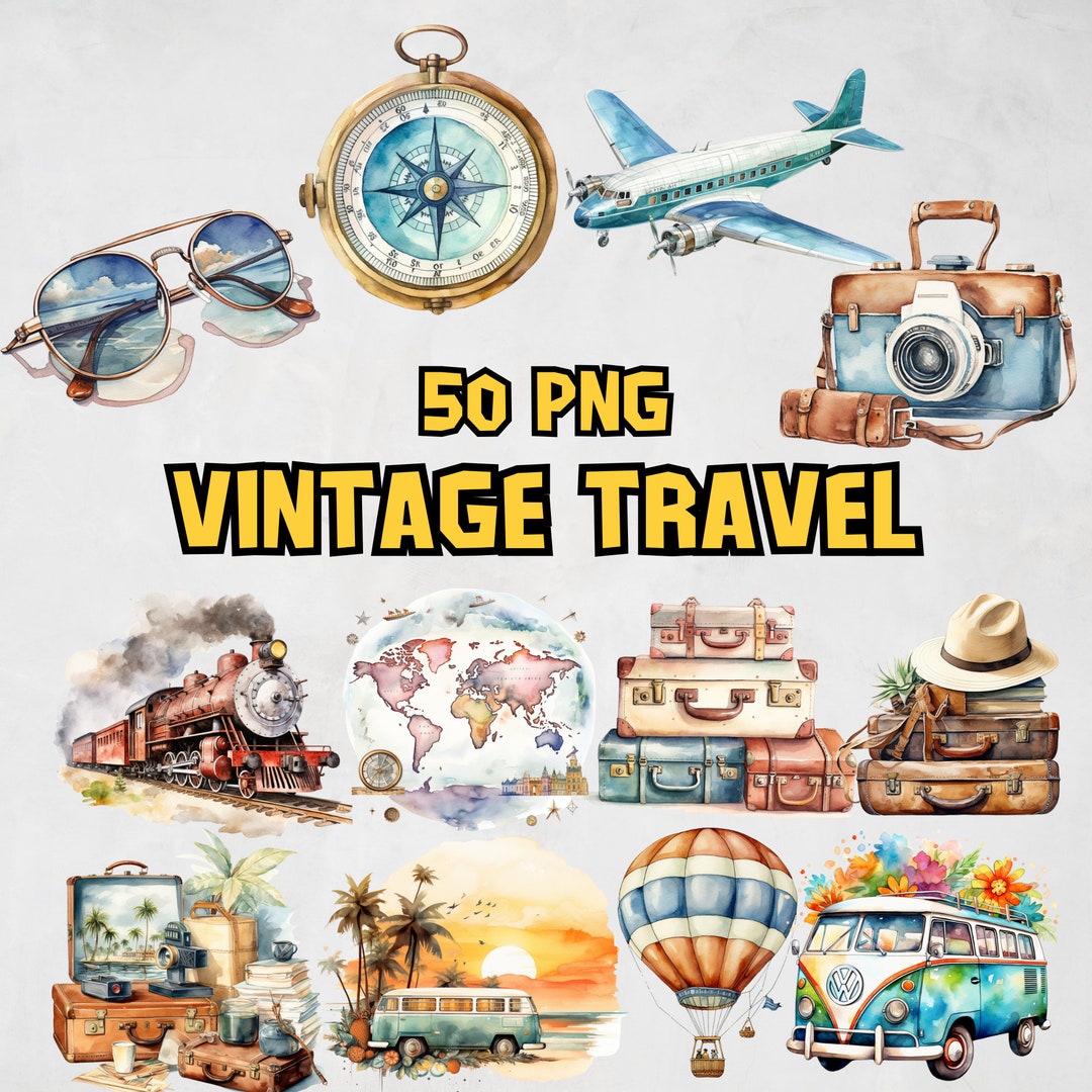 Watercolor Vintage Travel Clipart | Suitcase, Camera, Summer, Vintage ...