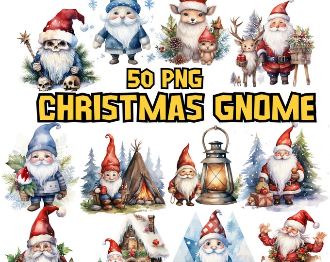 Christmas Gnomes Clipart, Cute Watercolor Winter Dwarf Garden PNG Set ...