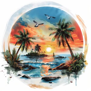 15 Tropical Sunset Circle Clipart Illustration Bundle, Printable ...