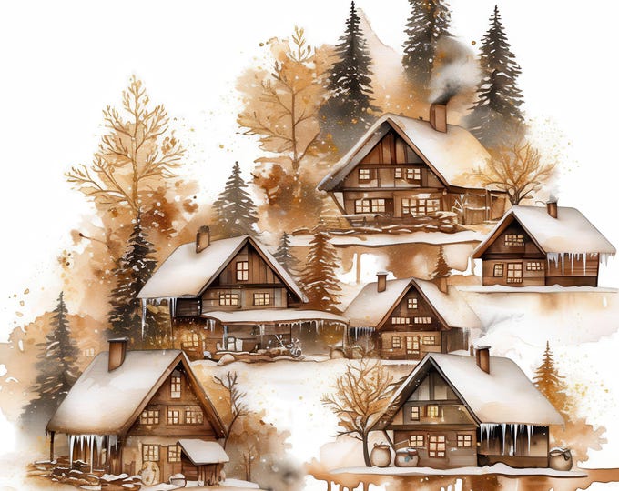 11 Christmas House Clipart, Winter Landscape, Printable Watercolor ...