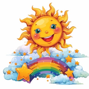 10 Cartoon Sun and Rainbow Clipart Bundle, Nursery Illustrations ...