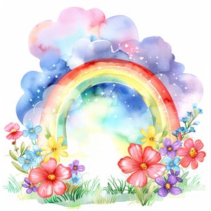 10 Watercolor Rainbow and Flowers Clipart Bundle Set, Rainbow and ...