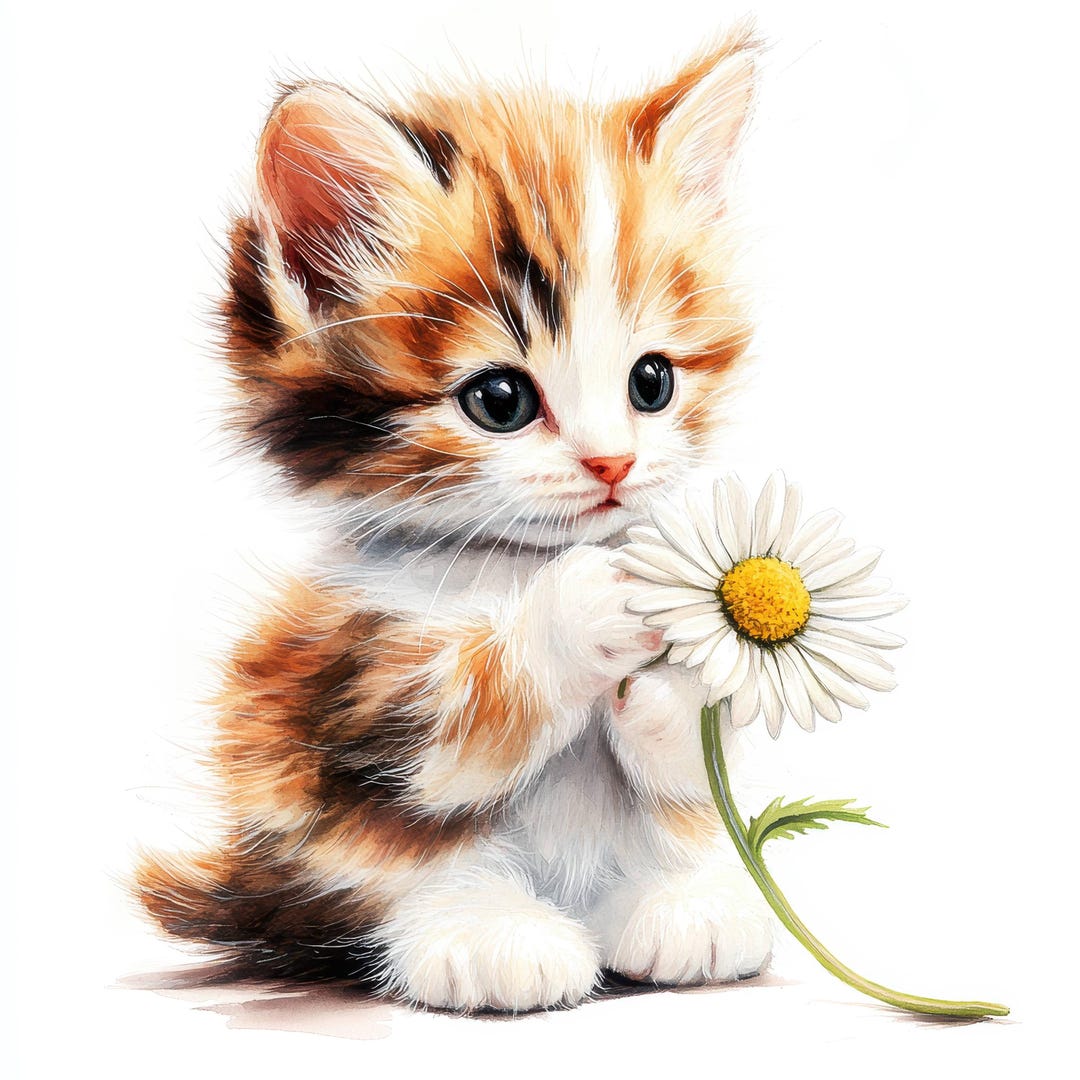 26 Kitten With Daisies Clipart Bundle, Printable Watercolor Floral Cat ...