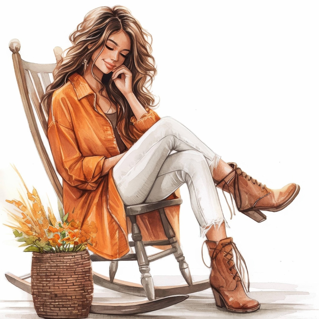 13 Autumn Woman in Rocking Chair Clipart Bundle, Card Making ...