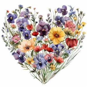 13 Floral Heart Clipart Bundle, Wildflower Heart Illustrations, Digital ...