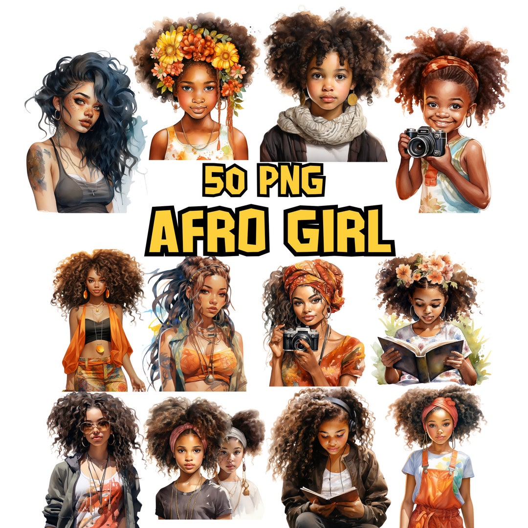 Watercolor Afro Girls Clipart Bundle, Cute Black Girl PNG, African ...