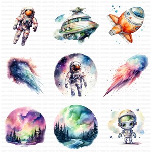Watercolor Space Clipart | Planet, Spiral Galaxy, Moon, Observatory ...