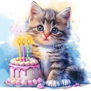 10 Birthday Kitten Clipart Bundle, Cute Party Cat Illustrations ...