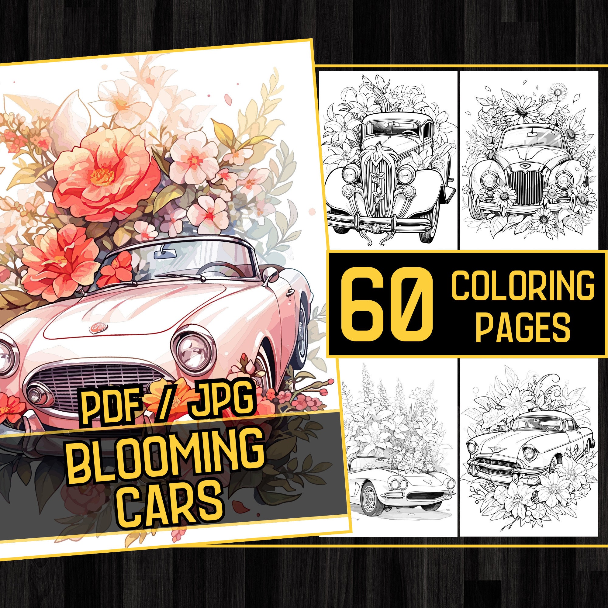 Blooming Cars 60 Coloring Page Book, Adults Kids Instant Download ...