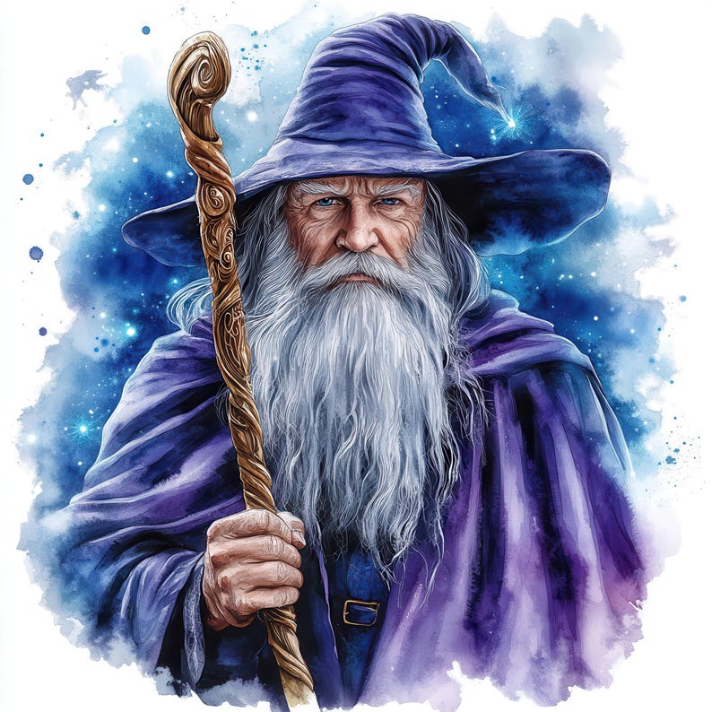 15 Old Wizard With Staff Clipart Bundle, Printable Watercolor Magician ...