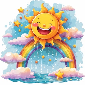 10 Cartoon Sun and Rainbow Clipart Bundle, Nursery Illustrations ...
