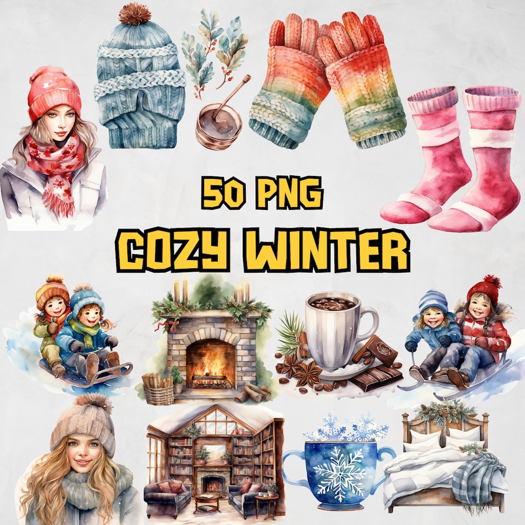 Watercolor Cozy Winter Clipart Bundle, Fireplace, Pine Cone, Blanket ...