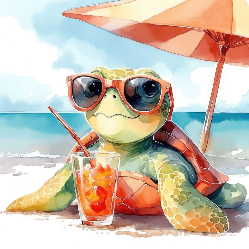 11 Turtle on Vacation Clipart, Beach Images, Printable Watercolor ...
