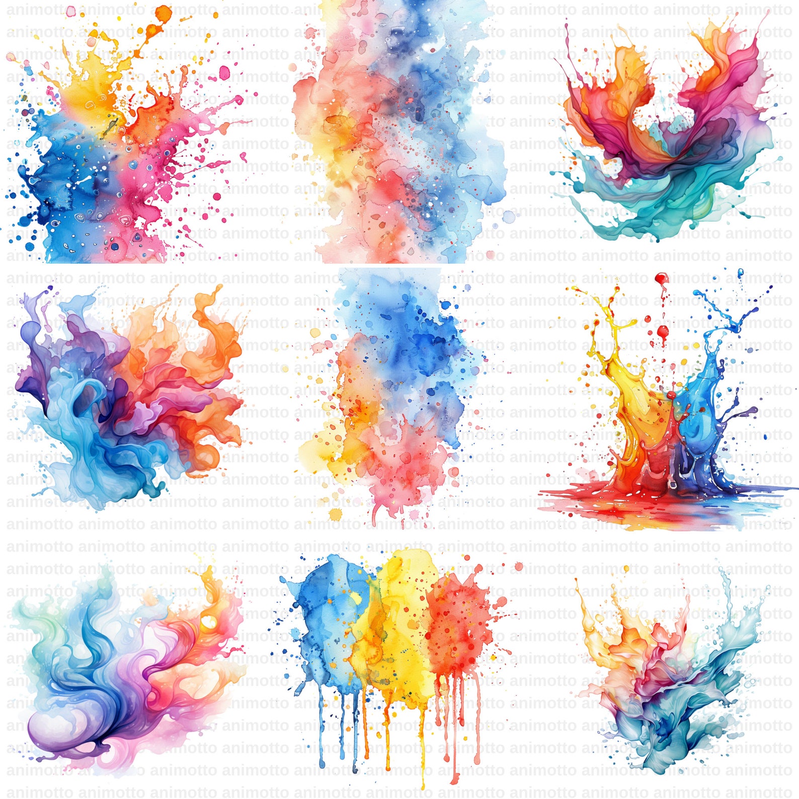 Watercolor Splashes Clipart Bundle, Rainbow Splash Clipart Set, Ink ...