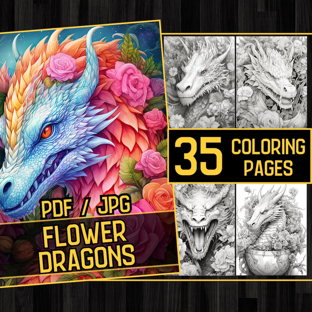 Flower Dragons 35 Coloring Page Book, Adults Kids Instant Download ...