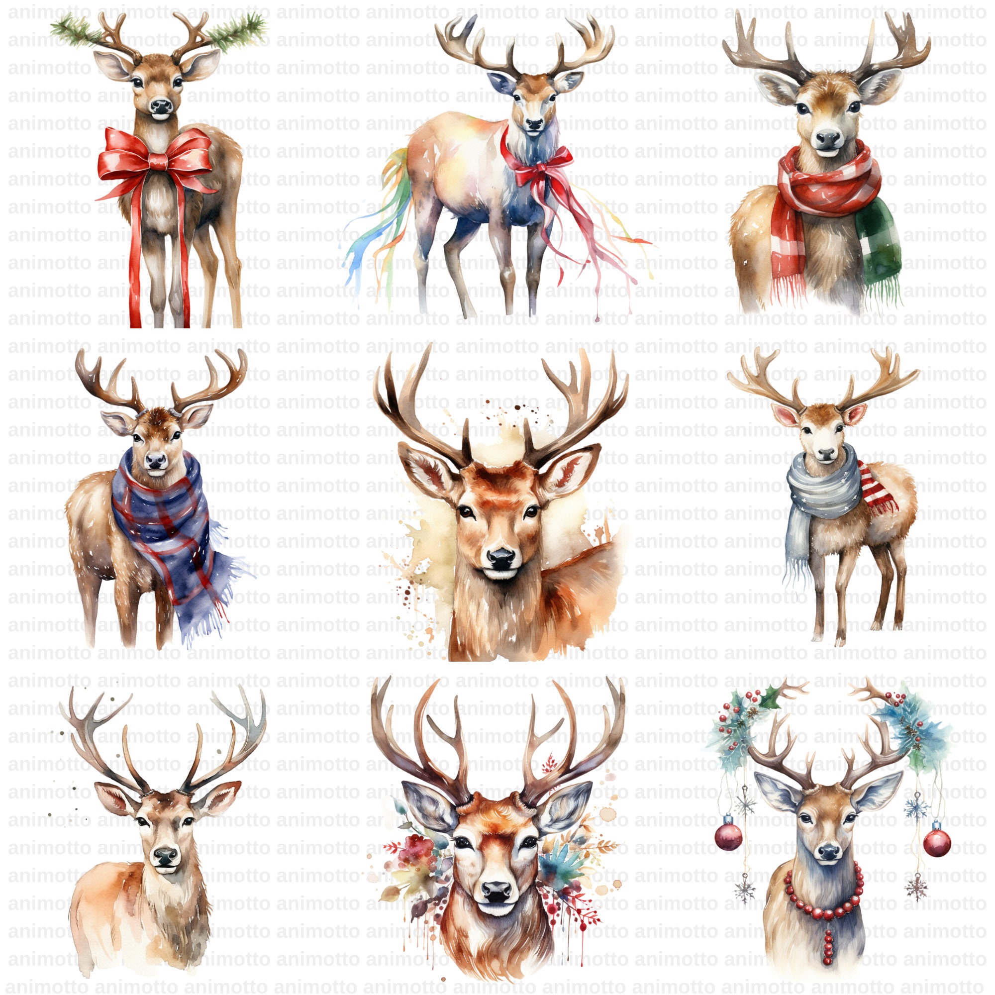 Watercolor Reindeer Clipart Bundle, Painted Reindeer Clipart Set ...