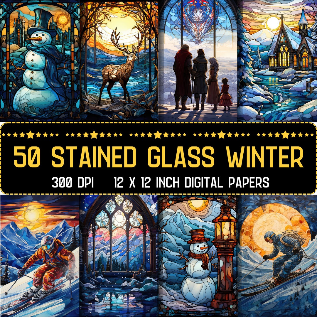 Printable Stained Glass Winter Digital Paper, Winter Holiday Background ...