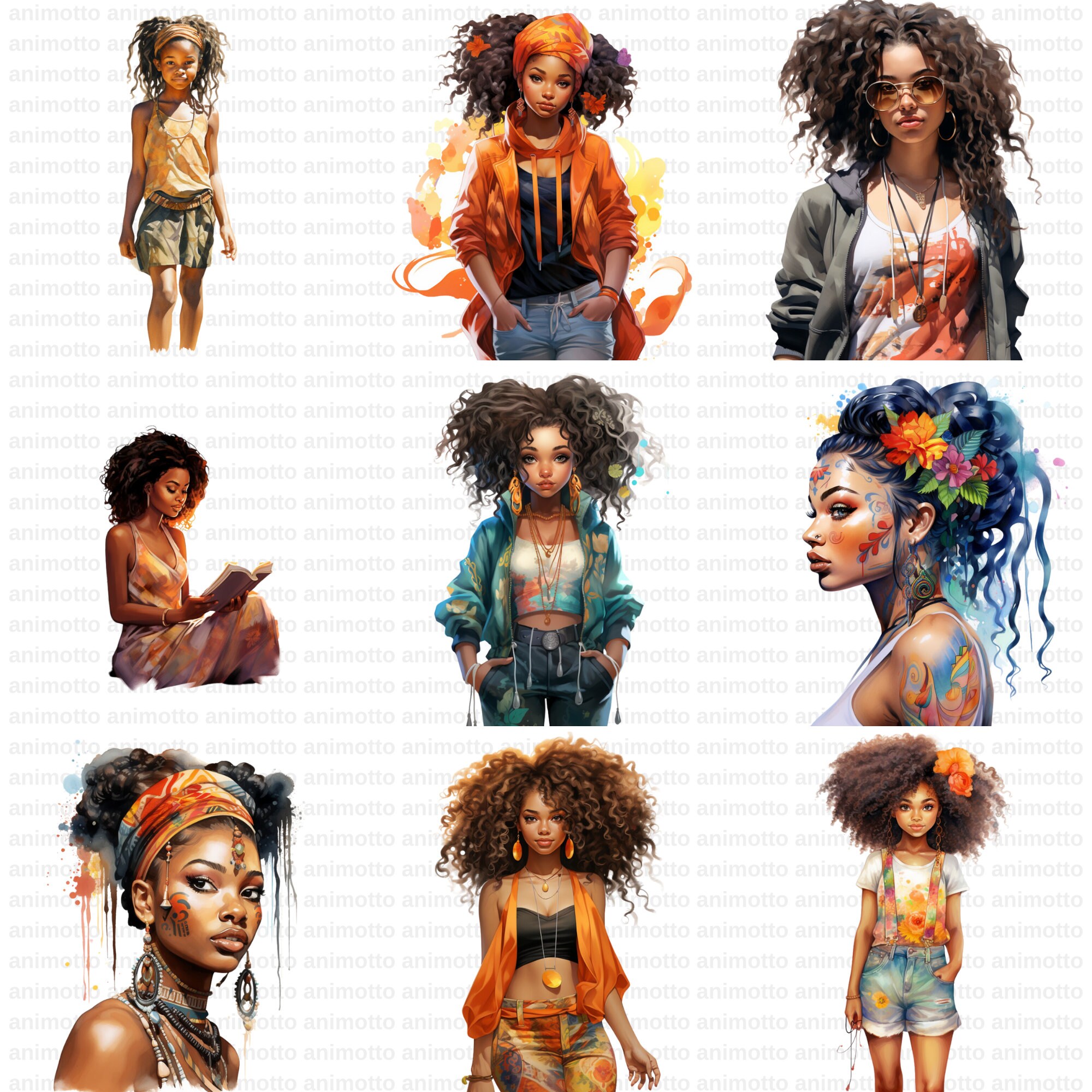 Watercolor Afro Girls Clipart Bundle, Cute Black Girl PNG, African ...