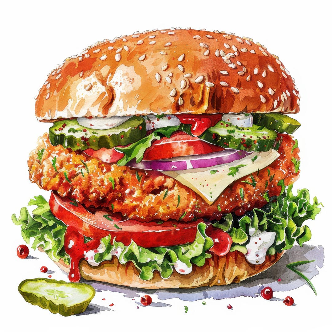 Tasty Chicken Burger Clip Art 19 High Res Watercolor JPG Junk ...