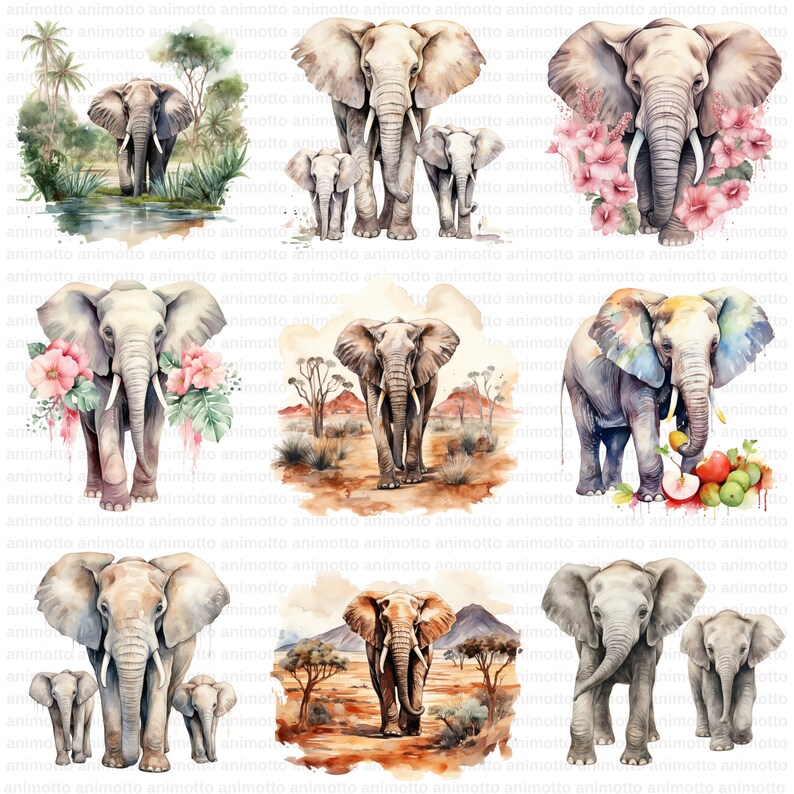 Watercolor Elephants Clipart Bundle, Painted Elephants Illustrations ...