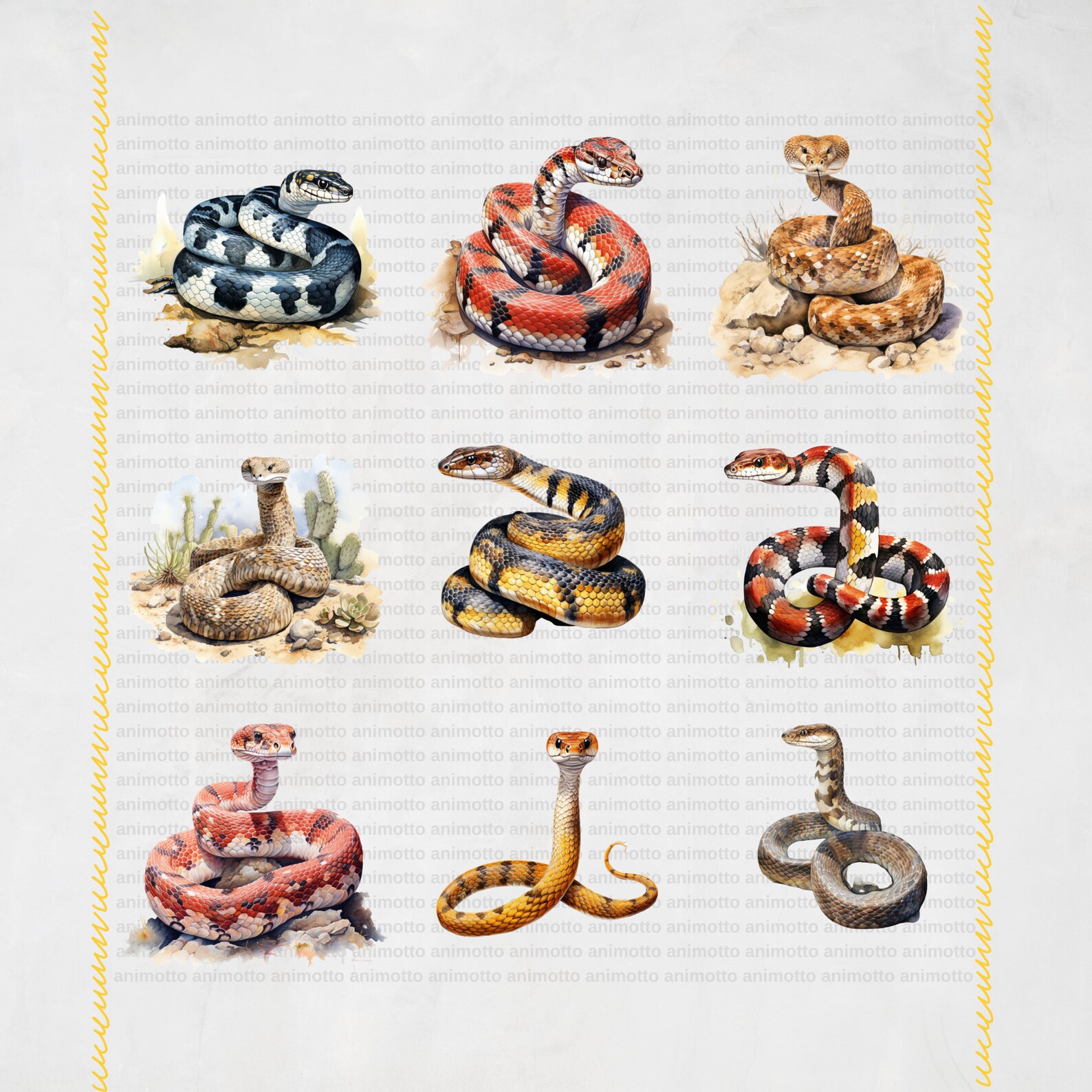 Watercolor Snakes Clipart Bundle, Cobra, Black Mamba, Anaconda, Viper ...