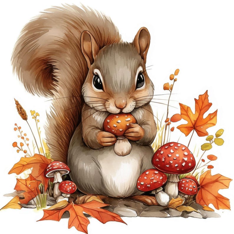26 Autumn Squirrel Clipart Set, Printable Watercolor Clipart, High ...