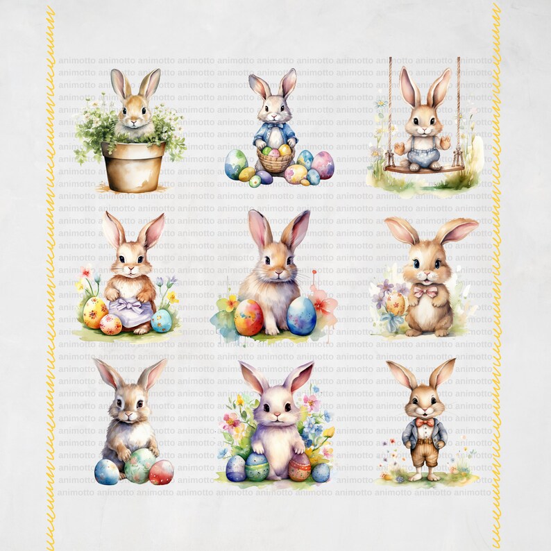 Watercolor Easter Bunnies Clipart Bundle, Spring Floral Animal PNG Set ...