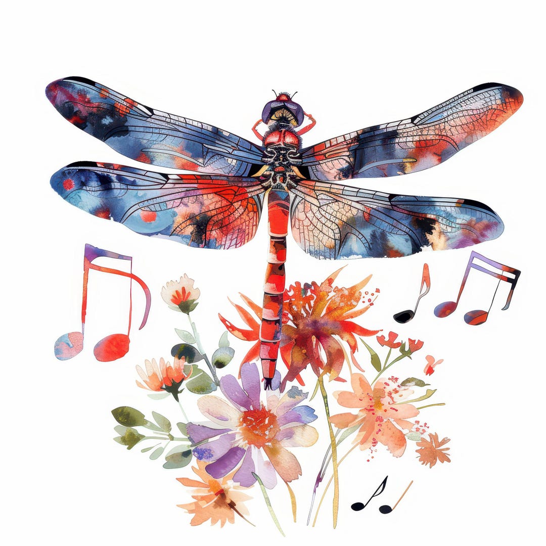 13 Dragonfly Music Notes Clipart Image Bundle, Printable Watercolor ...