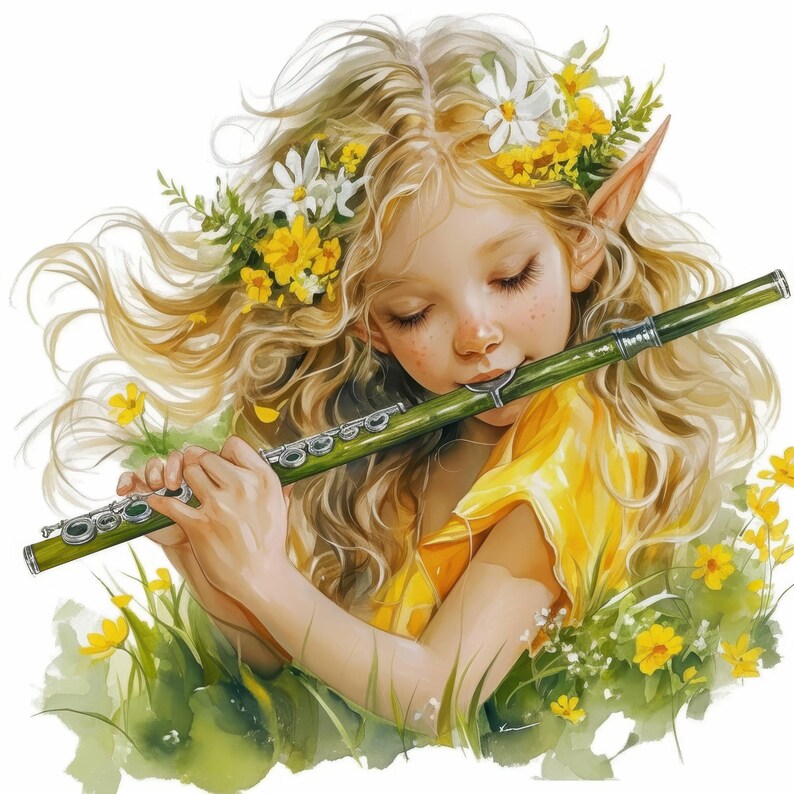 12 Funny Elf Clipart Bundle, Elf Playing Flute Illustrations, Printable ...
