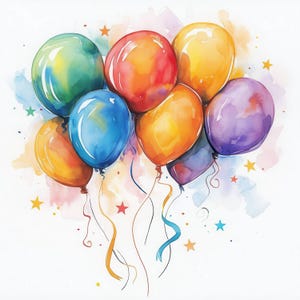 18 Colorful Celebration Balloons Clipart Bundle, Printable Watercolor ...
