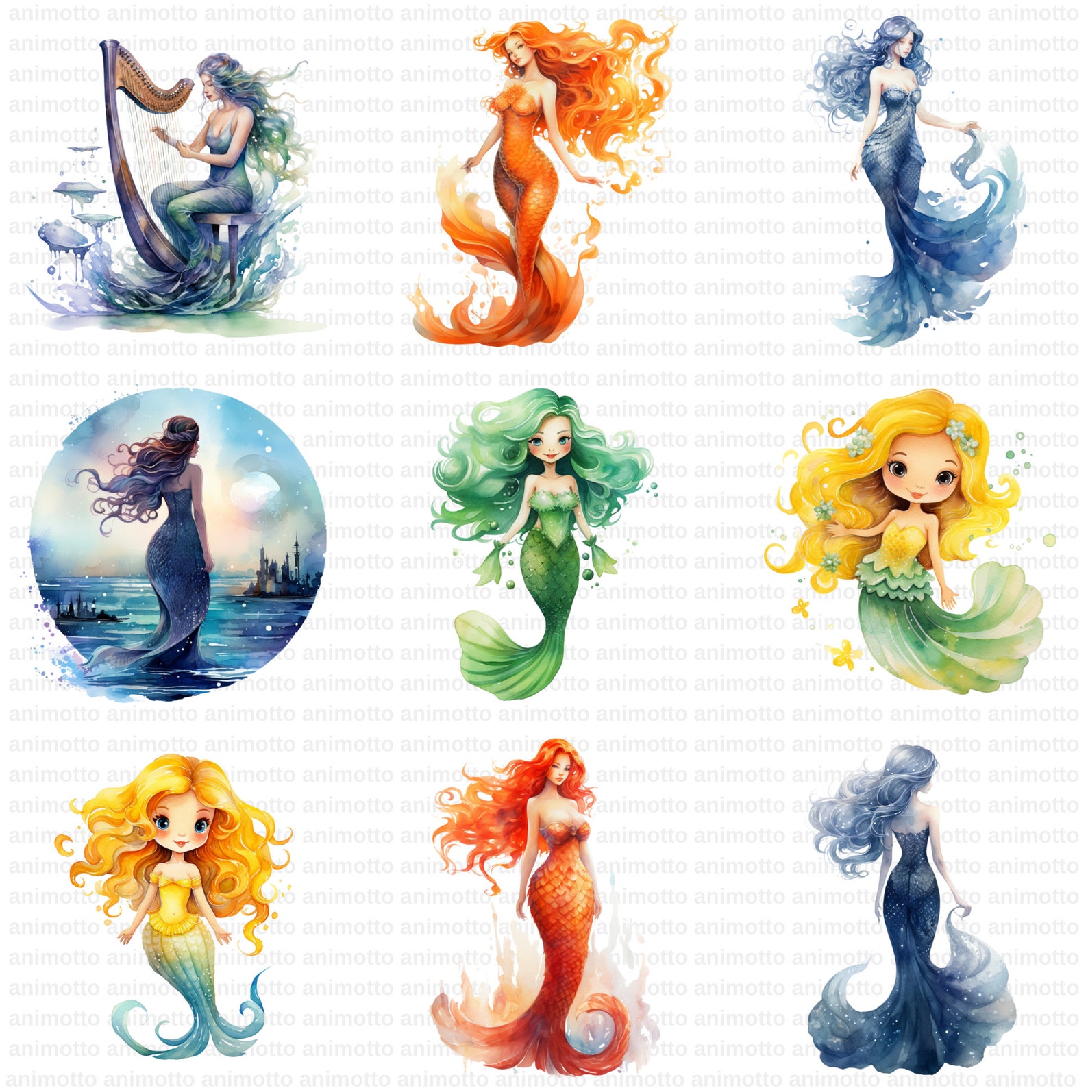 Watercolor Mermaids Clipart Bundle, Underwater Clipart Set, Magical Sea ...