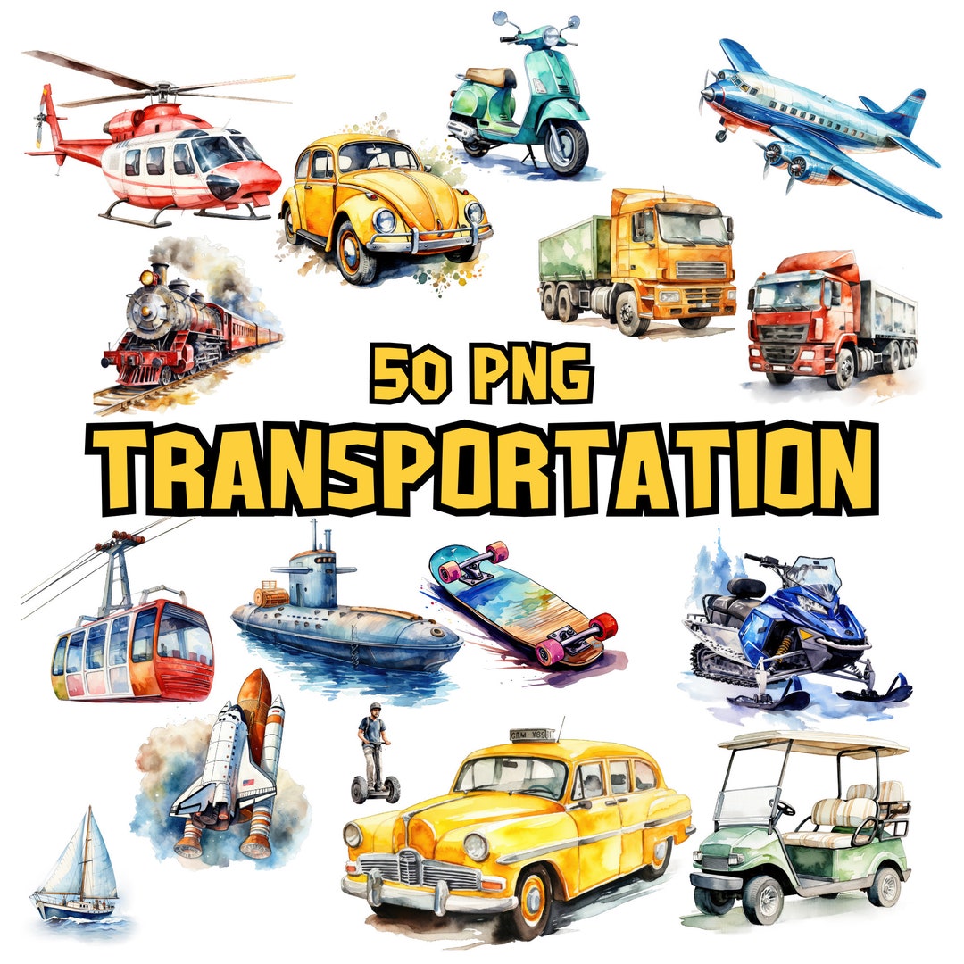 Watercolor Transportation Clipart | Train, Truck, Bus, Motorcycle ...
